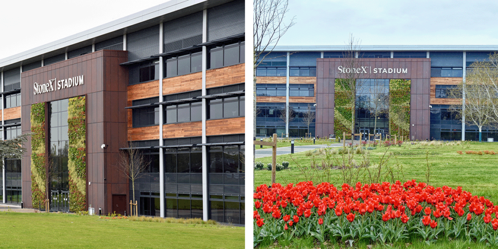 StoneX Stadium entrance adorned with living green wall - Mobilane