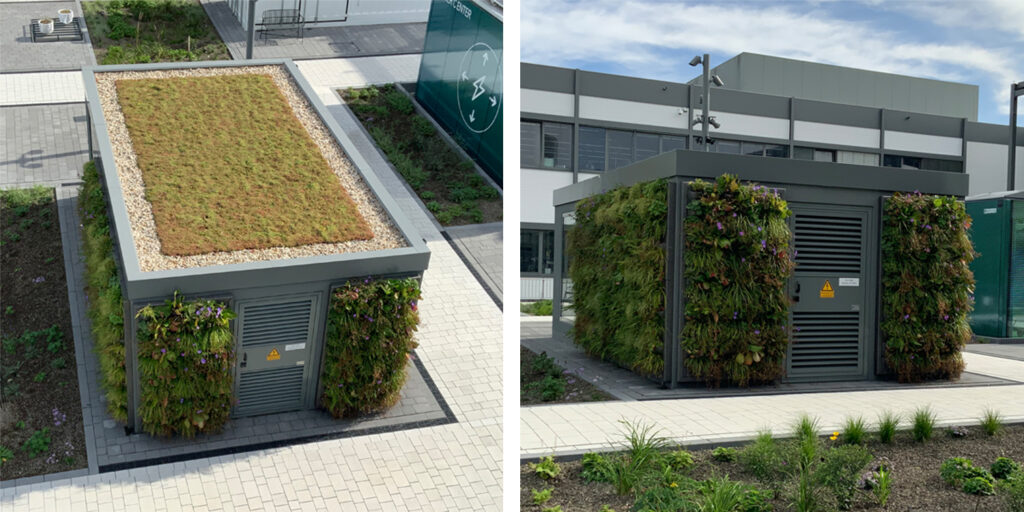 Transformatorstation met groene gevel in Blomberg, Duitsland